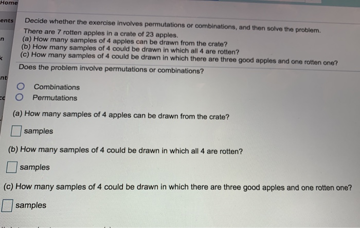 Solved Home Decide whether the exercise involves | Chegg.com