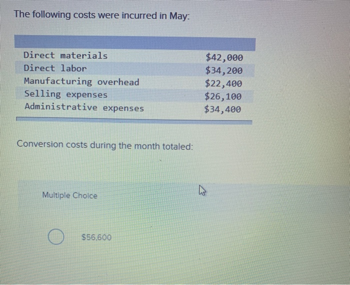 Solved The following costs were incurred in May: Direct | Chegg.com