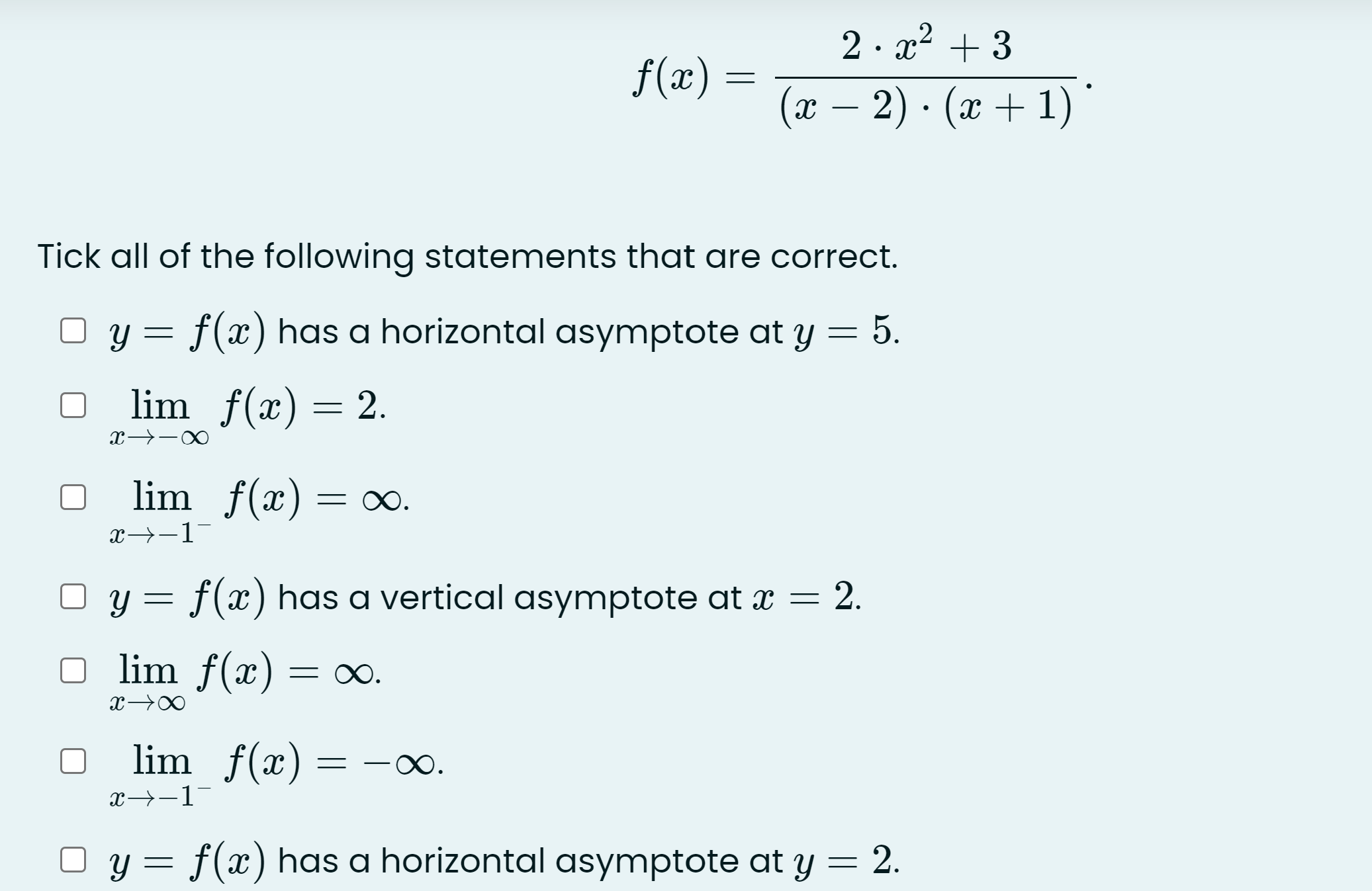 Solved f(x)=2*x2+3(x-2)*(x+1).Tick all of the following | Chegg.com