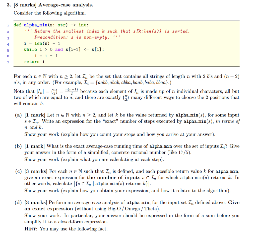 Solved 3. [8 marks) Average-case analysis. Consider the | Chegg.com