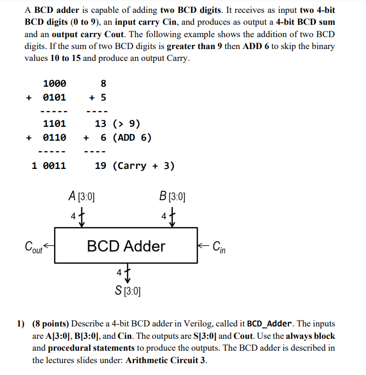 Solved A BCD adder is capable of adding two BCD digits. It | Chegg.com