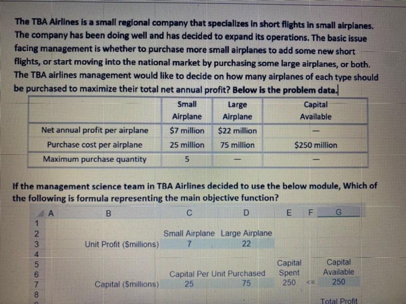 Solved The TBA Airlines is a small regional company that | Chegg.com