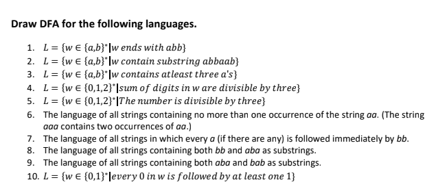Solved Draw DFA for the following languages. 1. L={w∈{a,b}∗∣ | Chegg.com