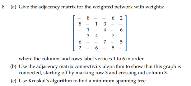 Solved 8. (a) Give the adjacency matrix for the weighted | Chegg.com