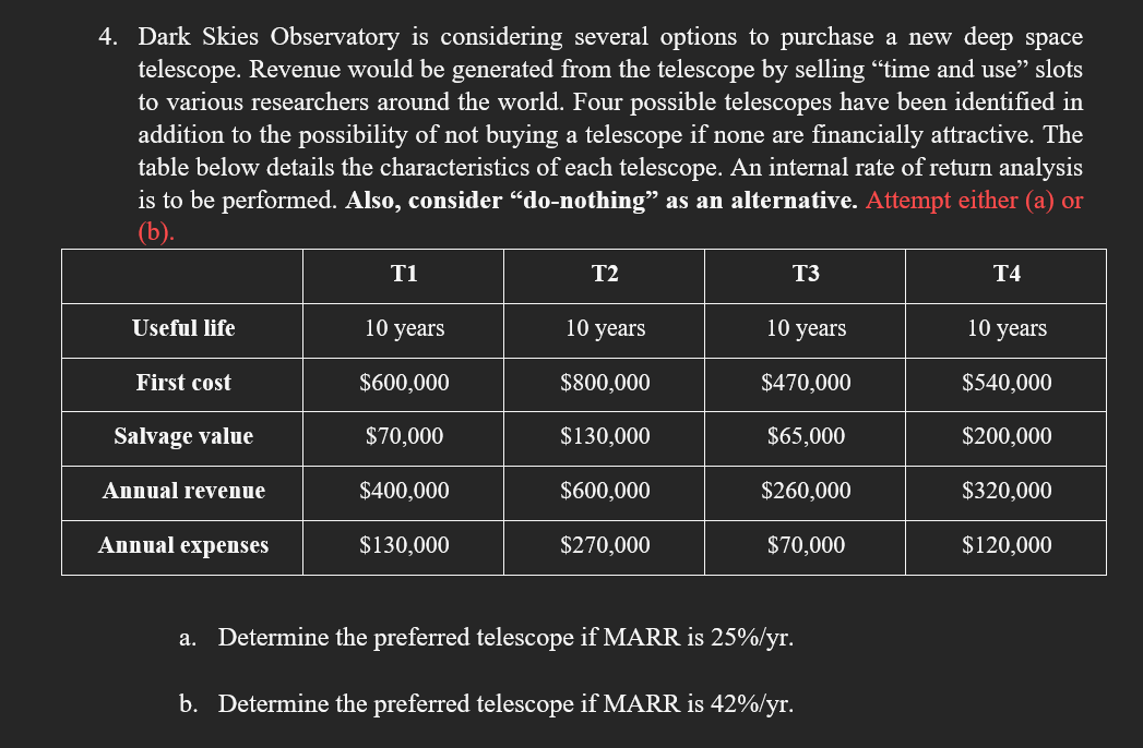 Solved Dark Skies Observatory is considering several options | Chegg.com