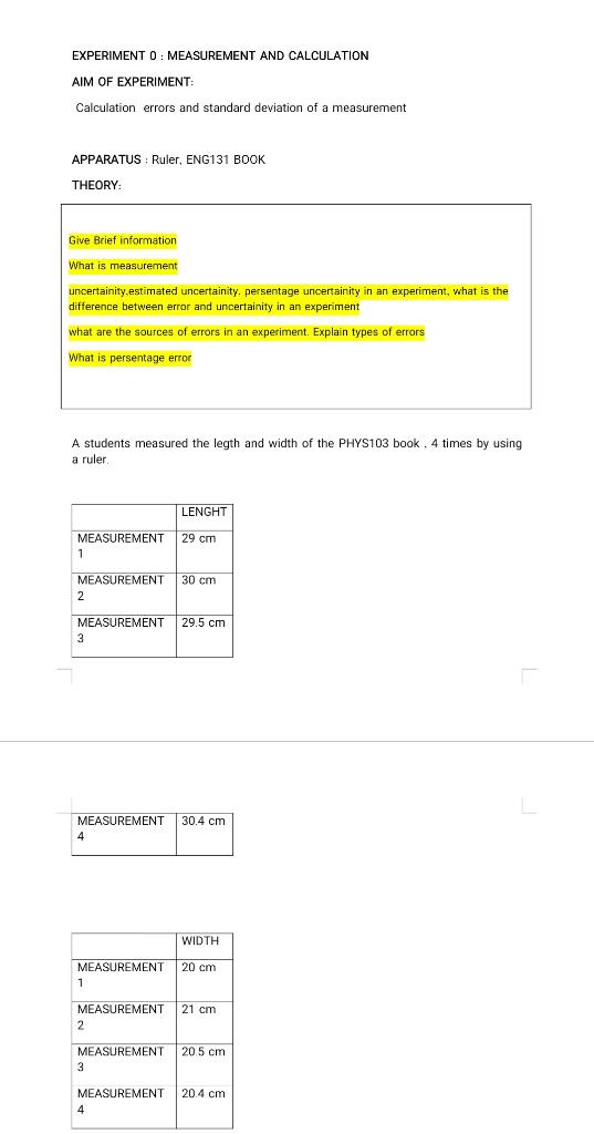 Solved EXPERIMENT O : MEASUREMENT AND CALCULATION AIM OF | Chegg.com