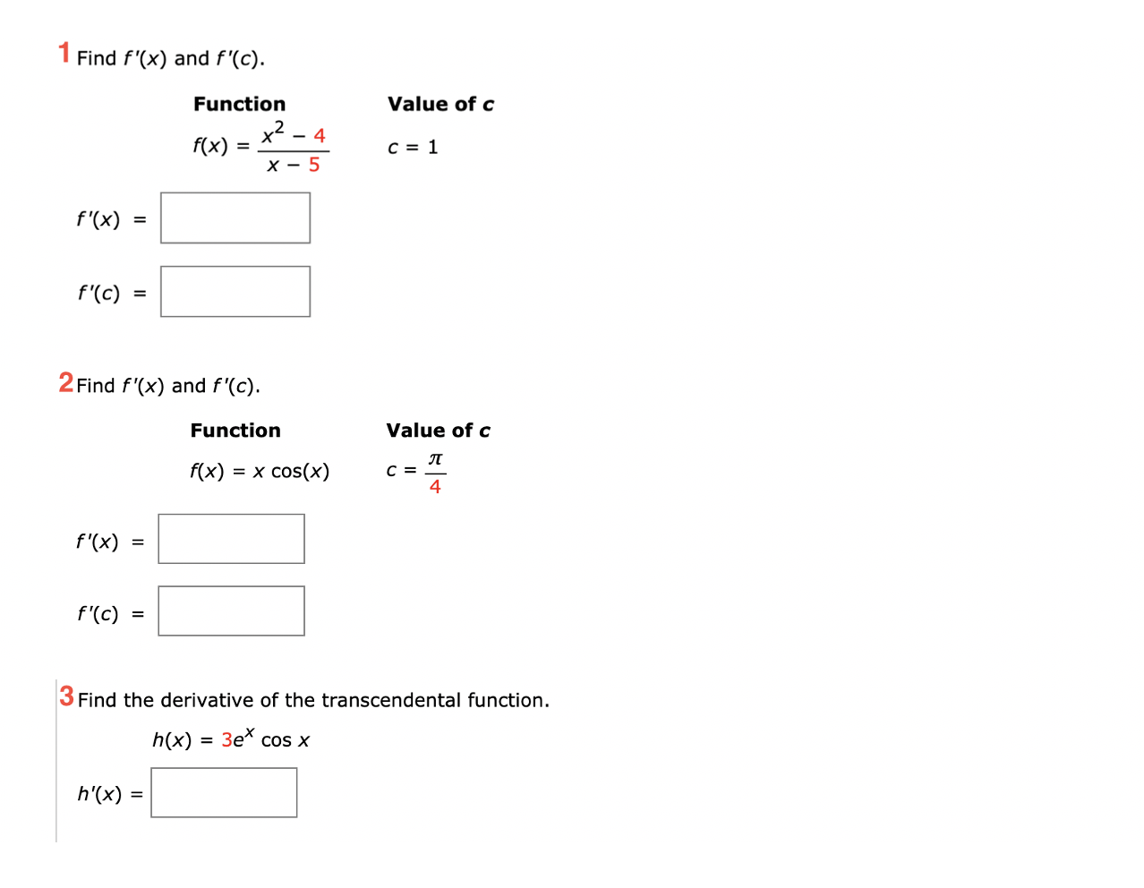 Solved Find f'(x) and f'(c). Value of c Function x² - 4 f(x) | Chegg.com