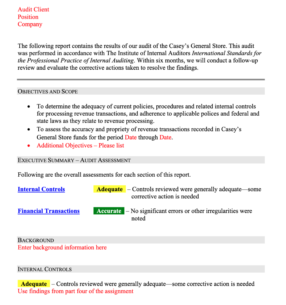 Audit program and a simple draft audit report Casey | Chegg.com