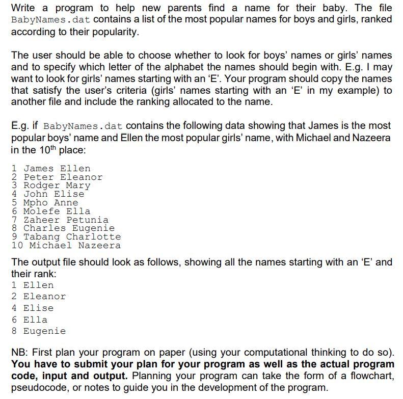 Solved Write a program to help new parents find a name for | Chegg.com