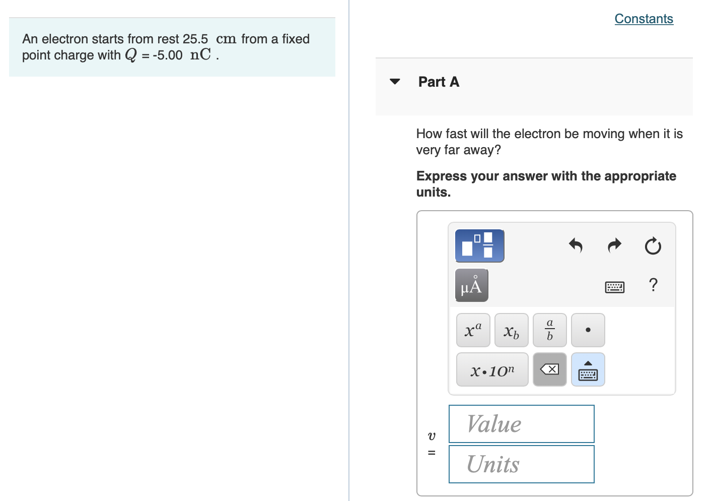Solved Constants An electron starts from rest 25.5 cm from a | Chegg.com