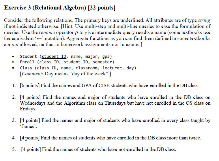 Solved Exercise 3 (Relational Algebra) (22 points] Consider | Chegg.com