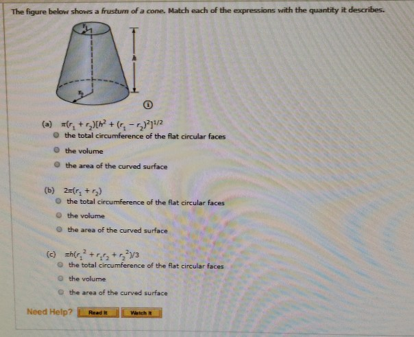 Solved The figure below shows a frustum of a cone. Match | Chegg.com