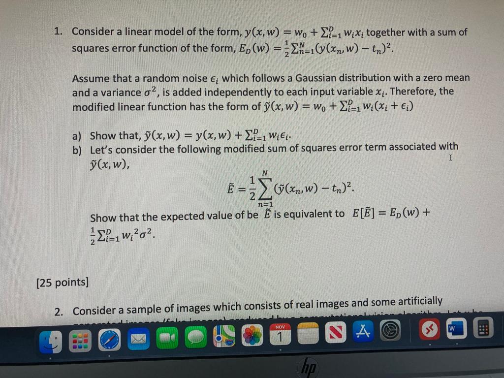 Solved Consider a linear model of the form, 𝑦𝑦(𝑥𝑥, 𝑤𝑤) | Chegg.com
