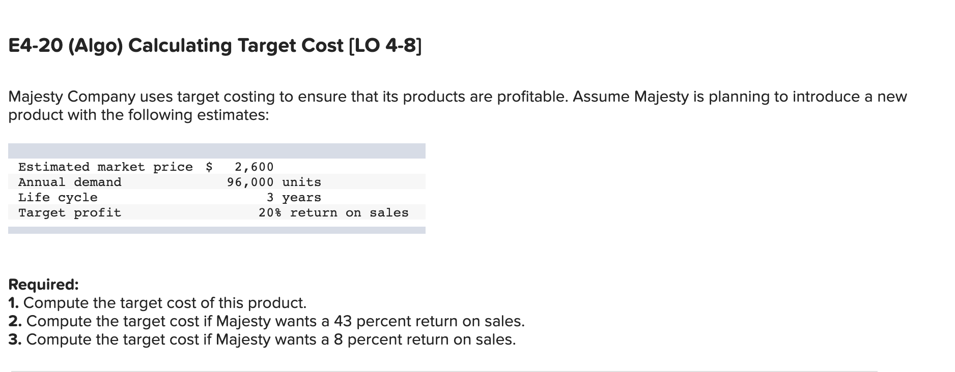 Solved E4-20 (Algo) Calculating Target Cost [LO 4-8) Majesty | Chegg.com