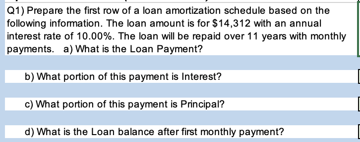 Solved Q1) Prepare the first row of a loan amortization | Chegg.com