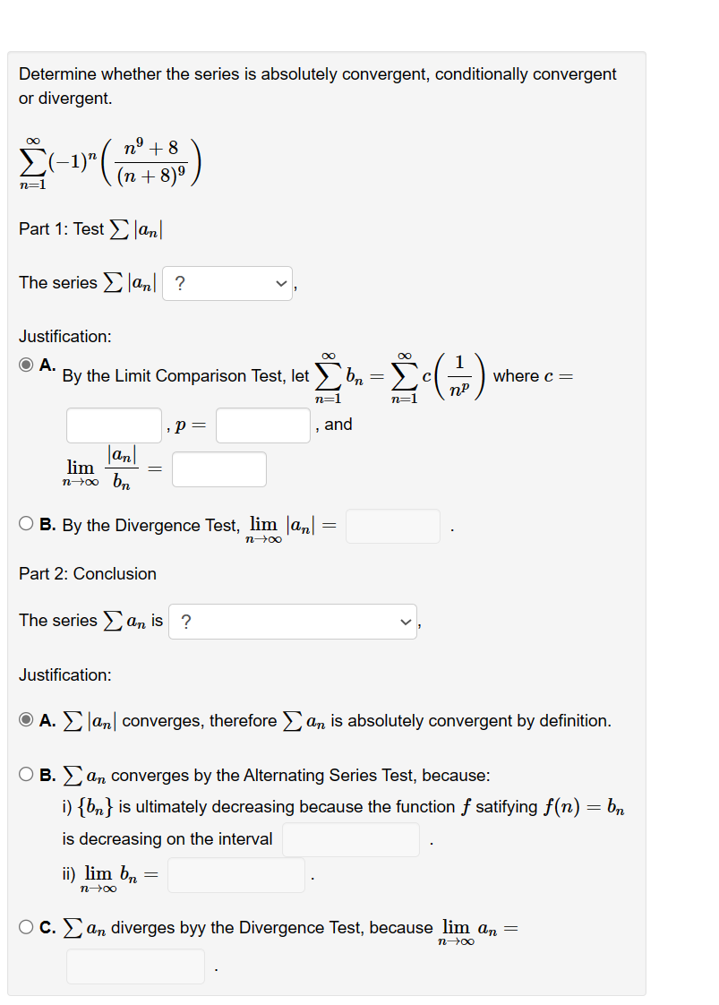 Solved Options for Part 1:Converges/DivergesA or BOptions | Chegg.com