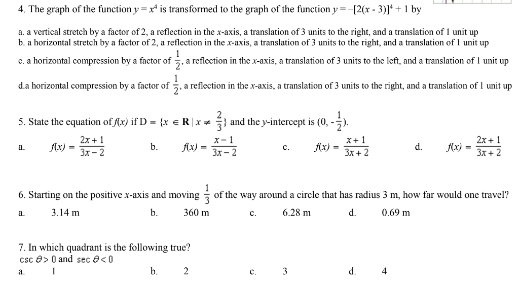 Solved 4. The graph of the function y -x4 is transformed to | Chegg.com