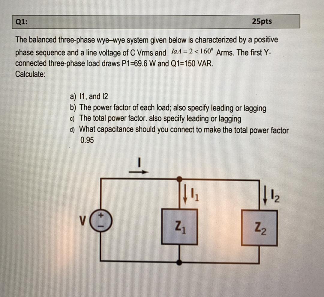 Q1: 25pts The balanced three-phase wye-wye system | Chegg.com