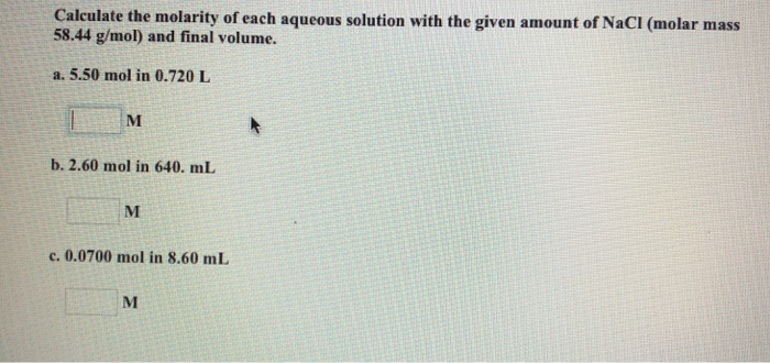 Solved Calculate the molarity of each aqueous solution with | Chegg.com