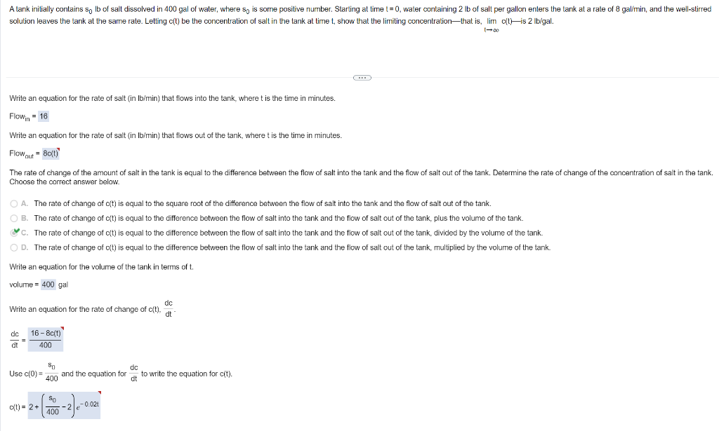 Solved solution leaves the tank at the same rate. Letting | Chegg.com