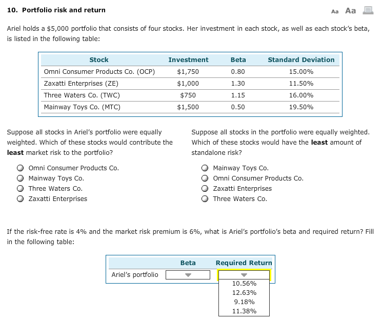 Solved 10. Portfolio risk and return Aa Aa Ariel holds a | Chegg.com