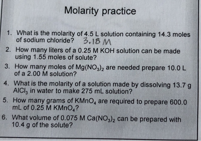 Solved Molarity practice 1. What is the molarity of 4.5 L | Chegg.com