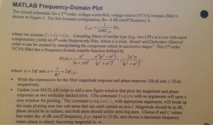 Solved Matlab Frequency Domain Plot The Circuit Schematic