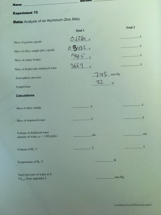 Solved Name Experiment 10 Data: Analysis of an Aluminum-Zinc | Chegg.com