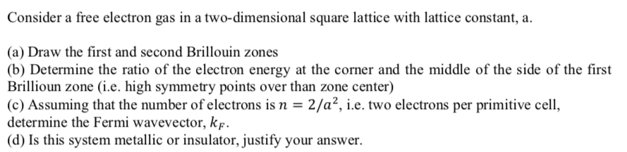 Solved Consider a free electron gas in a two-dimensional | Chegg.com