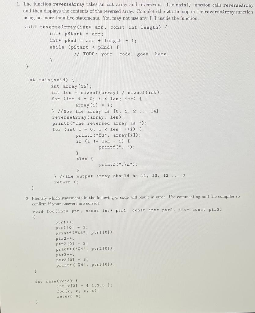 Solved 1. The function reverse Array takes an int array and | Chegg.com