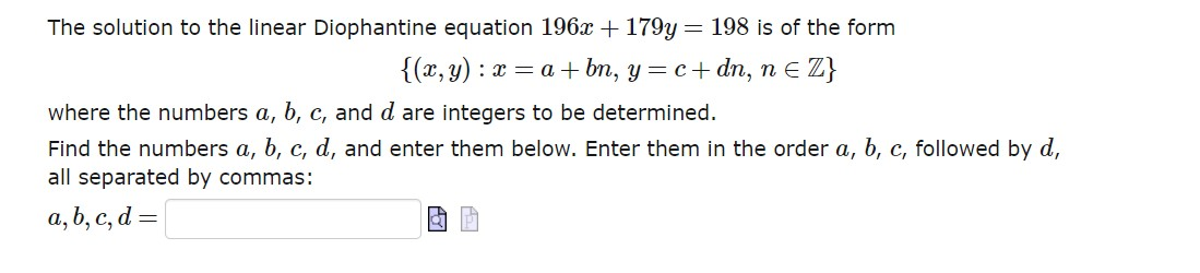 Solved The solution to the linear Diophantine equation | Chegg.com