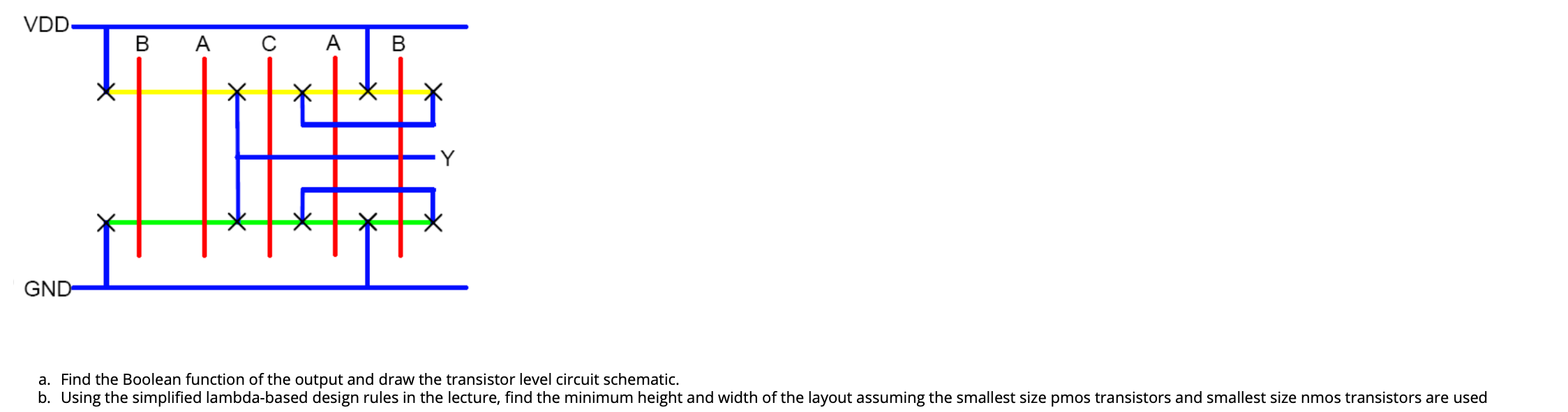Solved VDD- B A A B x * Y GND- a. Find the Boolean function | Chegg.com