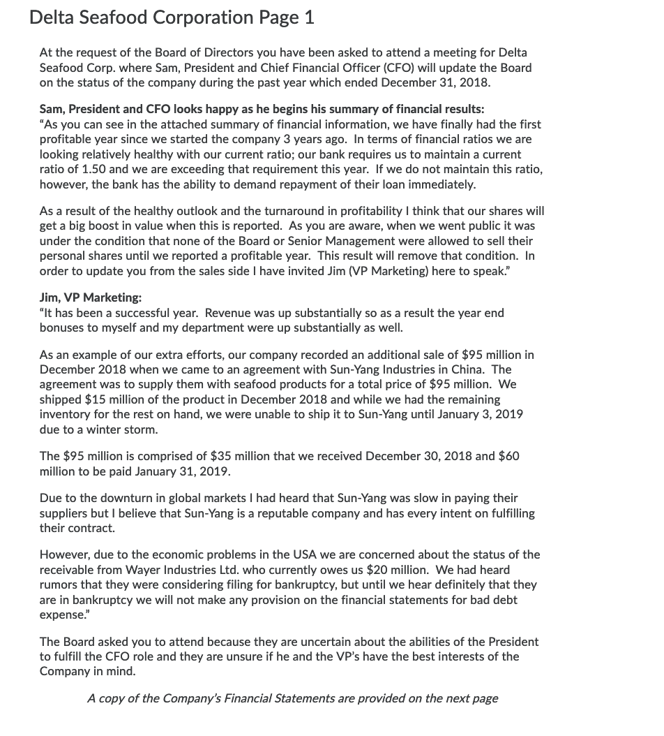 Delta Seafood Corporation Page 1 At the request of | Chegg.com