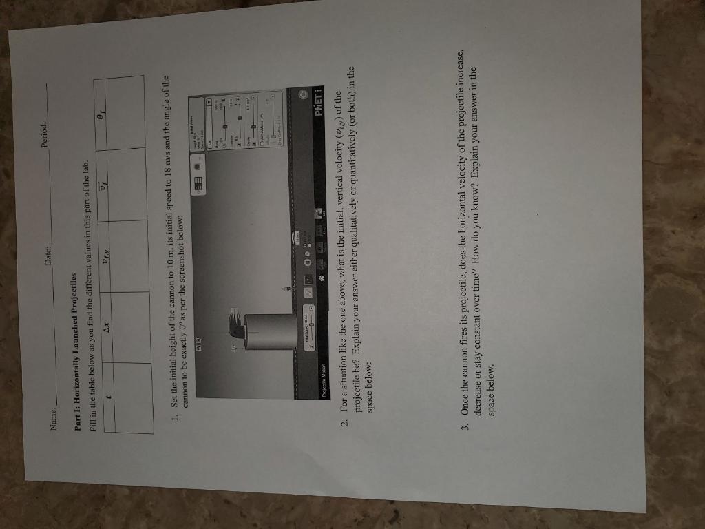 Solved Name: Date: Period: Projectile Motion Phet Activity | Chegg.com