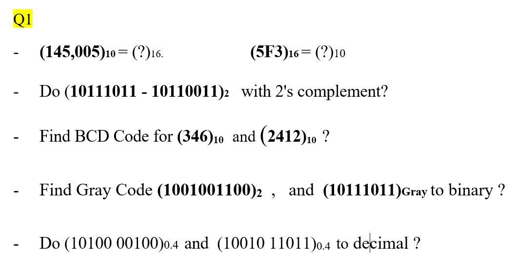 Solved Q1 (145,005)10= (?)16. (5F3)16=(?)10 Do (10111011 - | Chegg.com