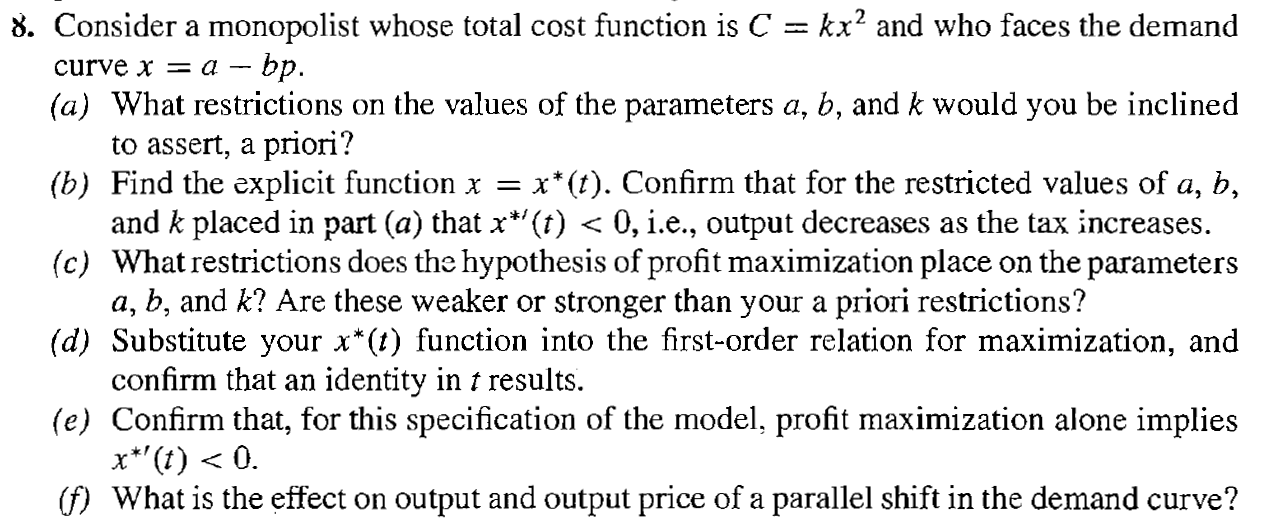 Solved 8. Consider a monopolist whose total cost function is | Chegg.com