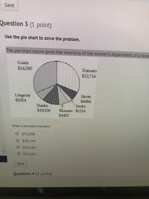 Solved Save Question 3 (1 point) Use the pie chart to solve | Chegg.com