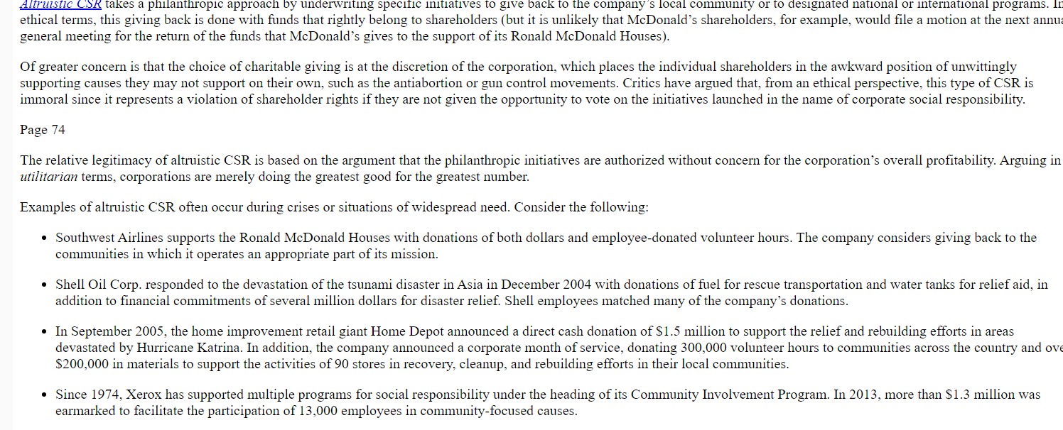 Solved Altrulstic CSR takes a philanthropic approach by | Chegg.com