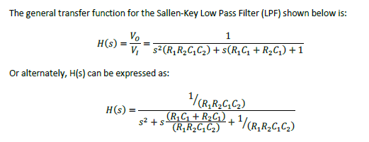Solved The general transfer function for the Sallen-Key Low | Chegg.com