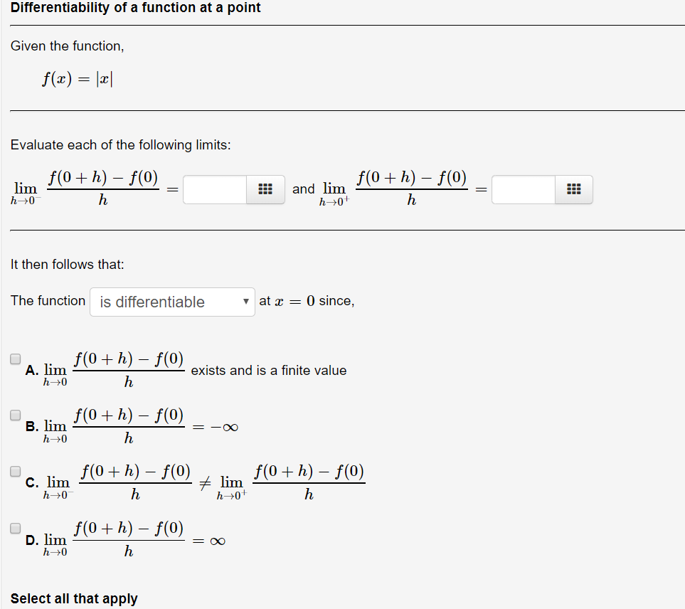 Solved Differentiability of a function at a point Given the | Chegg.com