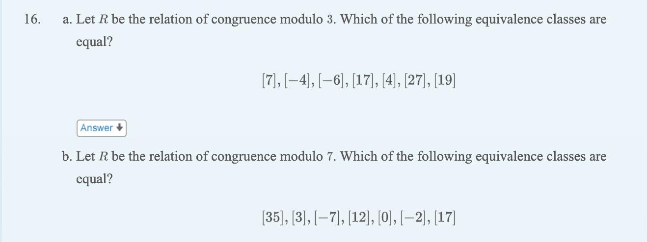 Solved 16. a. Let R be the relation of congruence modulo 3. | Chegg.com