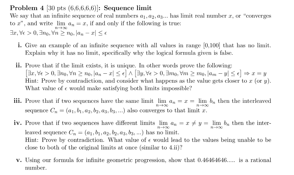 Solved Problem 4 [30 pts (6,6,6,6,6): Sequence limit We say | Chegg.com
