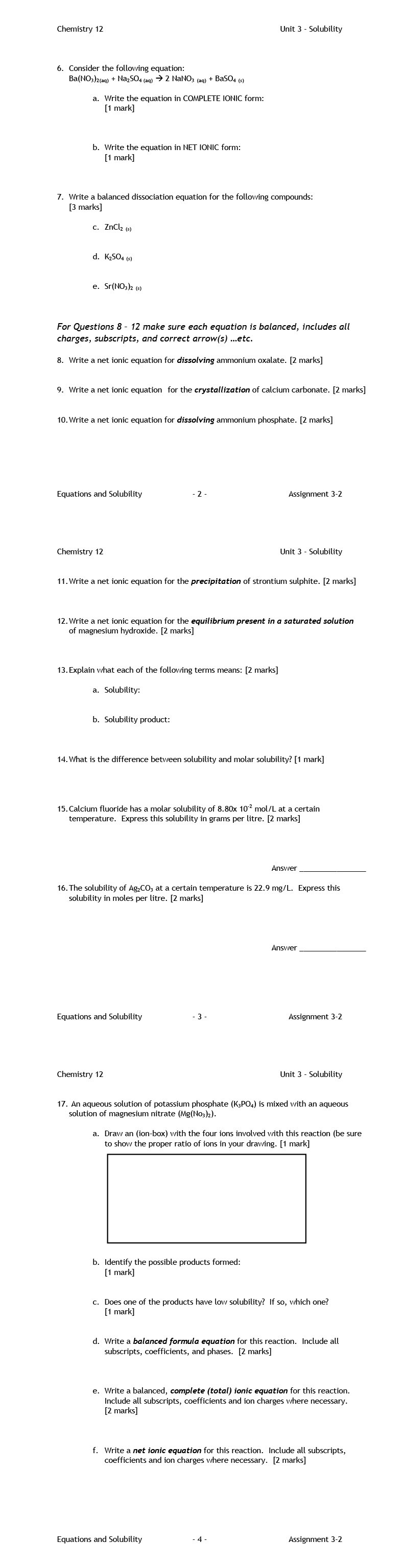 Solved Chemistry 12 Unit 3 - Solubility 6. Consider the | Chegg.com
