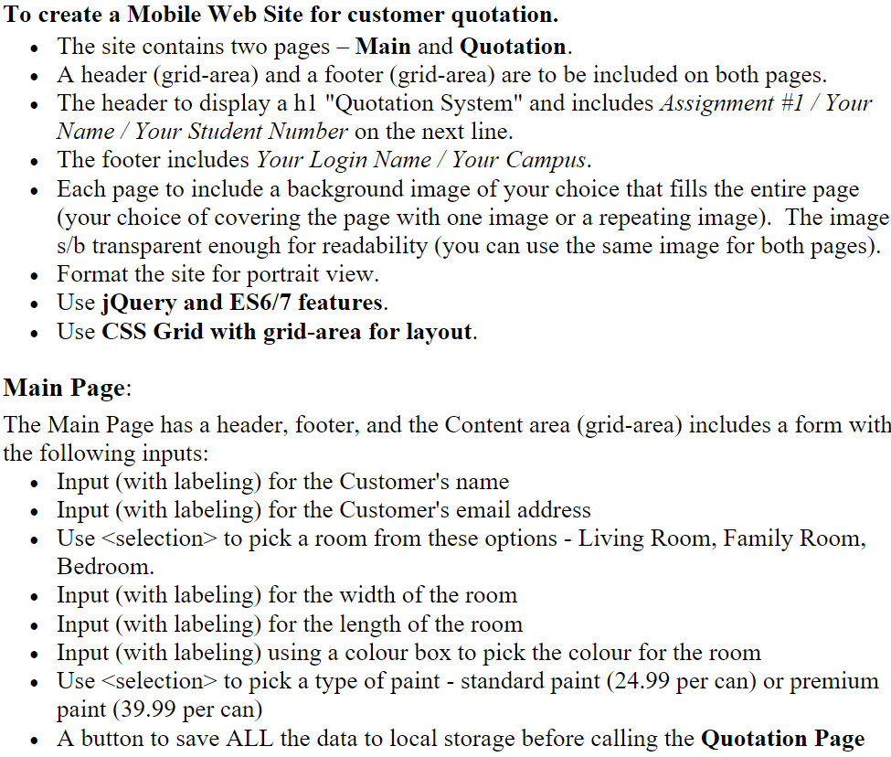 Solved To create a Mobile Web Site for customer quotation. • | Chegg.com