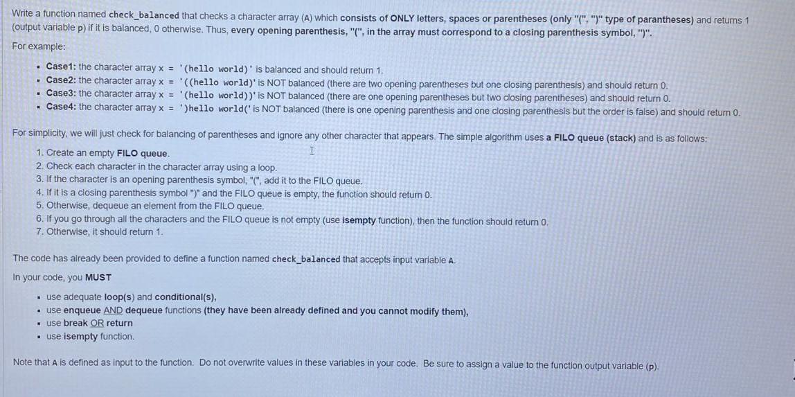 Solved Write a function named check_balanced that checks a | Chegg.com