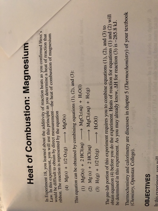 Solved Heat of Combustion: Magnesium. PRE-LAB EXERCISE In | Chegg.com