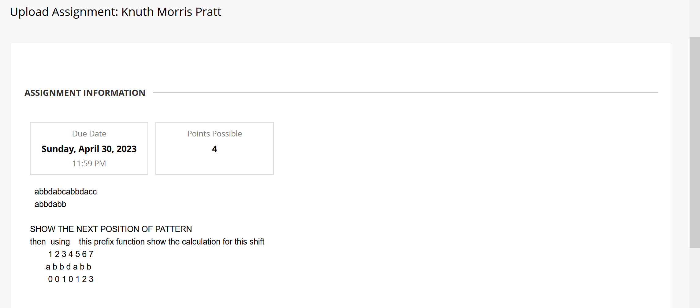 Solved Upload Assignment: Knuth Morris Pratt ASSIGNMENT | Chegg.com