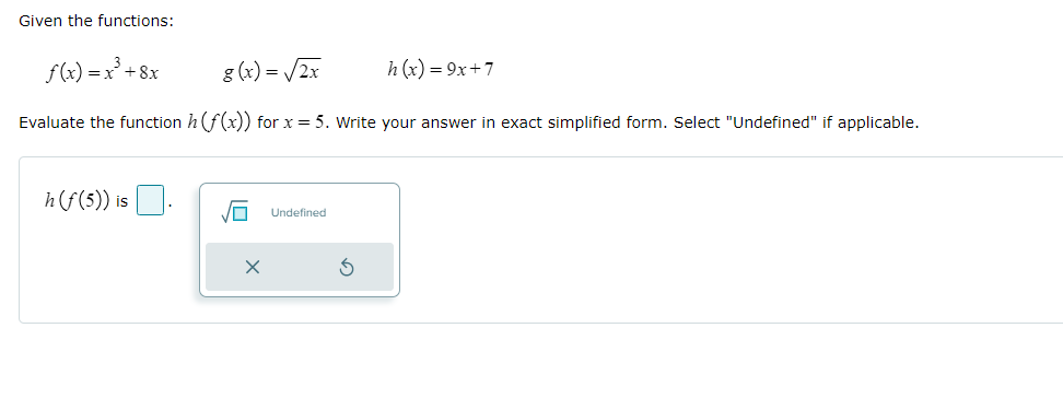 Solved Given the functions: f(x)=x3+8xg(x)=2xh(x)=9x+7 | Chegg.com