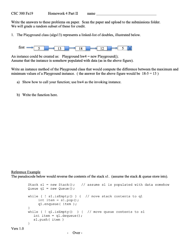 Solved CSC 300 Fa19 Homework 4 Part II name Write the | Chegg.com