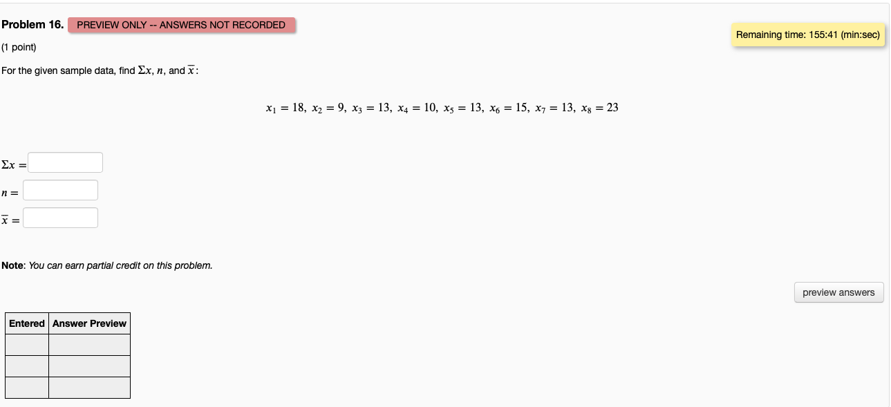 Solved Problem 16. PREVIEW ONLY -- ANSWERS NOT RECORDED | Chegg.com